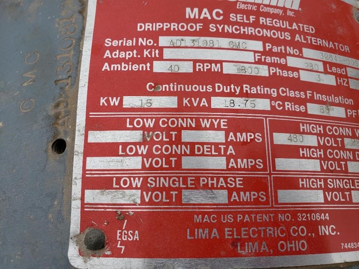 Lima Mac 15 KW Generator - Lot #GQ5458, Agricultural Equipment ...