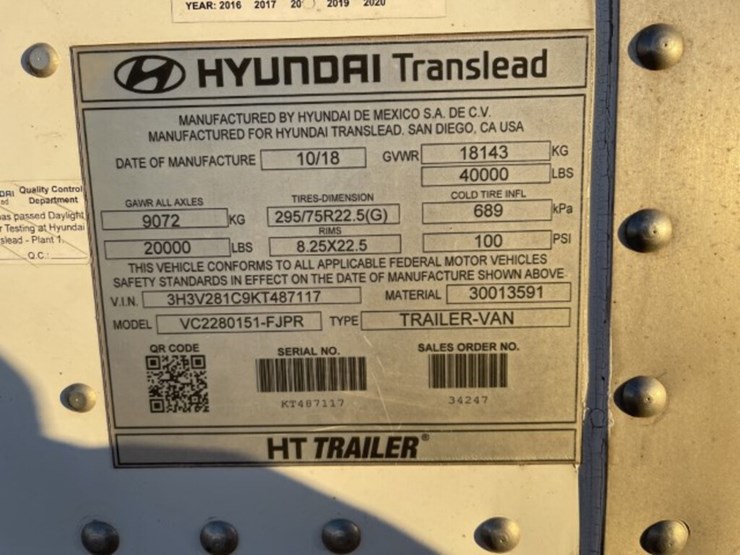 2019 HYUNDAI PUP TRAILER - Lot #301, Public Equipment Auction, 10/25 ...